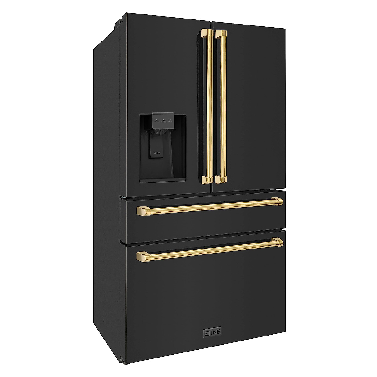 ZLINE 36" Autograph Edition 21.6 cu. ft 4-Door French Door Refrigerator with Water and Ice Dispenser in Fingerprint Resistant Black Stainless Steel with Polished Gold Traditional Handles