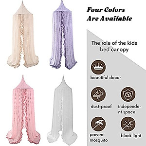Kids Bed Canopy for Girls, Pink Crib Canopy Princess Hanging Children Canopy Tent, Toddler Girl Canopy Bed Netting for Baby Room Bedroom Reading Nook, Macrame Lace Boho Nursery Canopy with Pom Pom