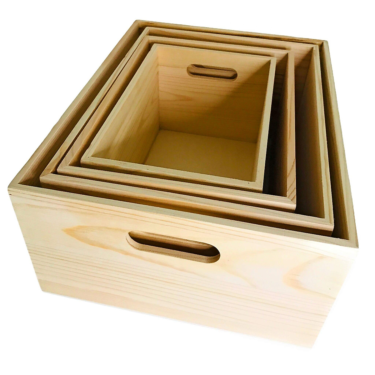 Oojami 4 Pack Unfinished Wooden Crates with Cutout Handles – DIY Nesting Wood Boxes for Storage, Home Organization & Display – Rustic Wooden Storage Crates for Crafting, Décor, Shelves & More