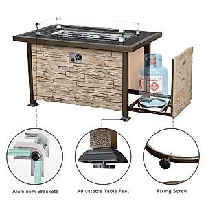 U-MAX Outdoor Propane Gas Fire Pit Table, 44 Inch 50,000 BTU Gas Auto-Ignition Rectangle Firepit for Patio with Brown Faux Stone Surface,Tempered Glass Lid & Glass Stone Rock CSA Certification