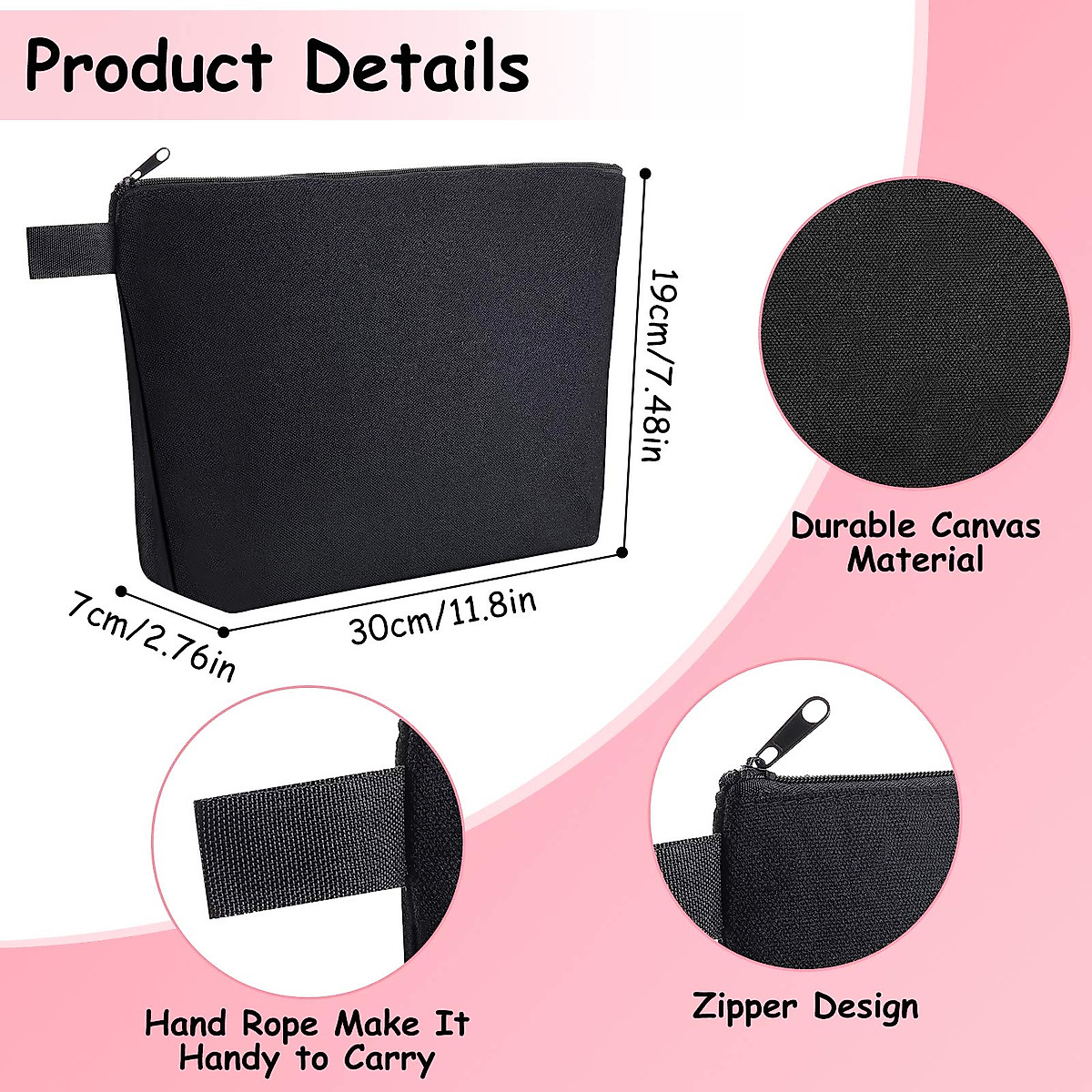Weewooday 8 Pieces Canvas Cosmetic Bags Plain Makeup Pouch with Zipper Blank DIY Bags for Travel Toiletry Makeup Cosmetic Stationery (Black,11.8 x 7.48 x 2.76 Inches)