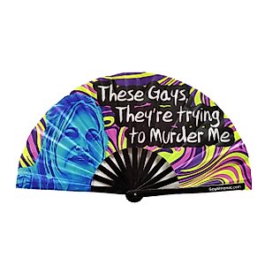 PandaTak Gay Pride Folding Hand Fans, Funny Large 13" Bamboo Fan with UV Reactive Ink, for LGBTQ Circuit Parties EDM Festivals and Raves (These Gays They're Trying to Murder Me)