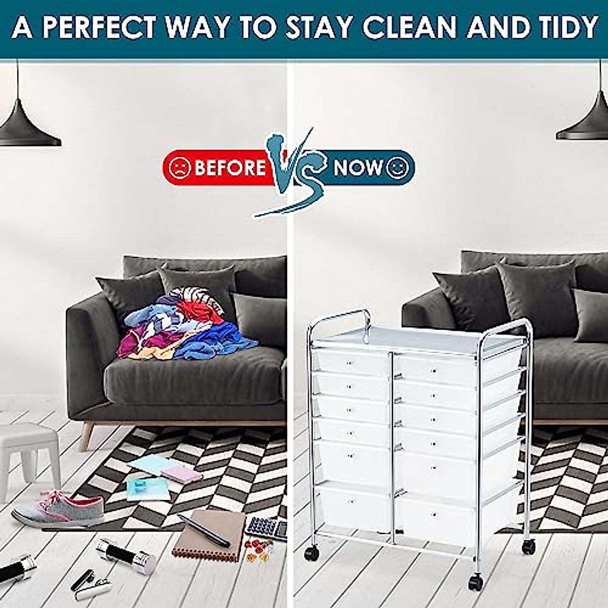 Sapodilla Rolling Storage Cart and Organizer with 12 Plastic Drawers-4 Lockable Casters for School Office Home Beauty Salon(White)