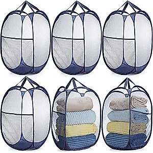 Potchen 6 Pieces Mesh Laundry Baskets Popup Hamper, Foldable Basket Large Collapsible Folding Portable Pop up Clothes Hampers with Handles and Side Pocket for College Dorm Room Bedroom, Dark Blue