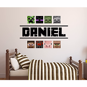 Personalized Gaming Name Wall Decals - Famous Video Game Sticker for Kids Room - Gamer Room Bedroom Stickers - Mine Removable Wall Decal for Boys Playroom Art Mural Vinyl Poster Wall Decor