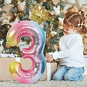 Falliny 32 Inch Rainbow Number 3 Balloons with Latex Balloons Detachable Crown Foil Helium Party Birthday Decorations for Birthday Party,Wedding, Bridal Shower Engagement Photo Shoot, Anniversary