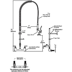 TCEUMIK Commercial Kitchen Sink Faucet with Pre-Rinse Sprayer 8'' Center 36'' Height with 12'' Swivel Spout Adjustable Wall-Mount Faucet for 2 or 3 Industrial Restaurant Compartment Utility Sinks