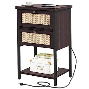 End Table with Charging Station, 2 Tier Rattan Decorated Nightstand with USB Ports and Outlets, Bedside Table with Drawer, Modern Sofa Side Table for Bedroom, Living Room, Office, Cherry Red