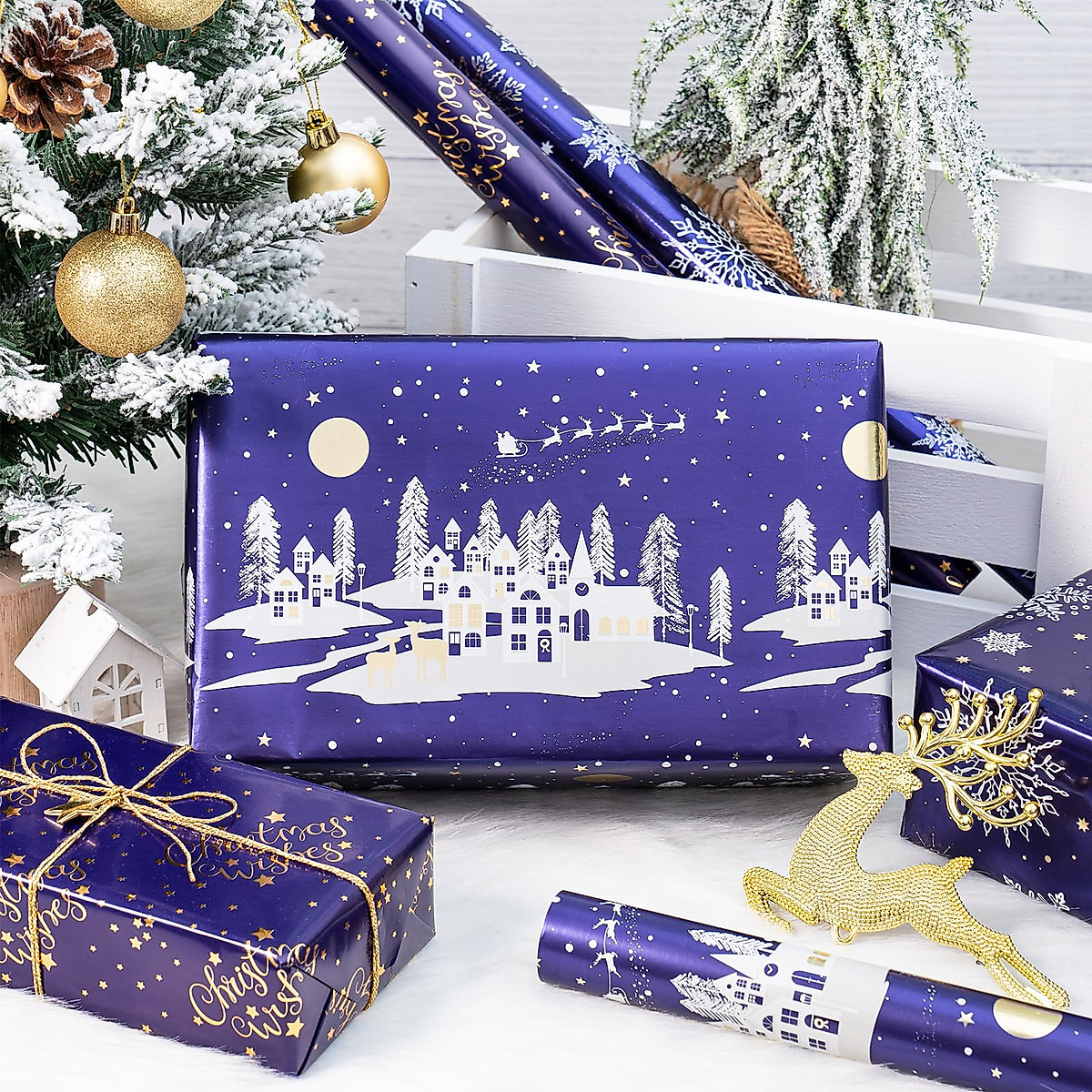 WRAPAHOLIC Christmas Wrapping Paper Roll - Mini Roll - 3 Rolls - 17 Inch x 120 Inch Per Roll - Dark Blue House, Reindeer, Snowflake Holiday Collection with Metallic Foil Shine