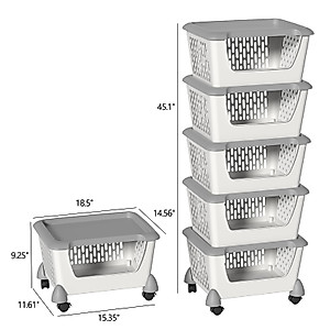Ucake Plastic Stacking Basket with Wheels, Stackable Storage Basket Organizer, 5 Tiers