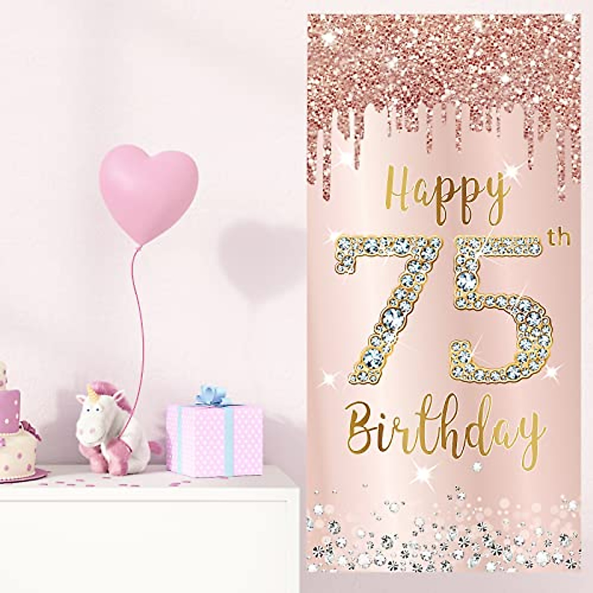75th Birthday Decorations Door Banner for Women, Pink Rose Gold Happy 75 Birthday Backdrop Party Supplies, 75 Year Old Birthday Poster Door Cover Sign Decor