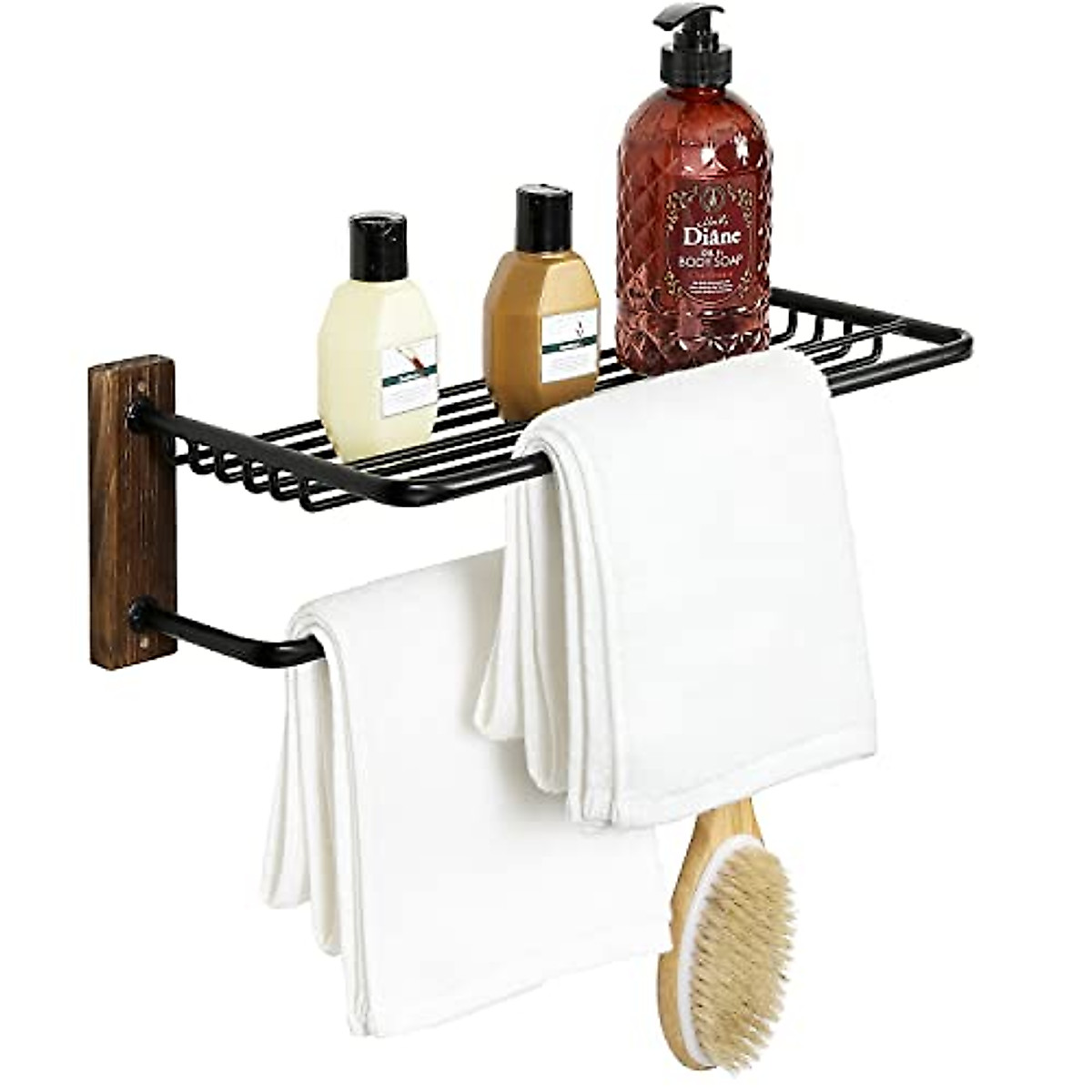 MyGift Wall Mounted Black Metal 2 Tier Bathroom Shelf and Hand Towel Bar Rack with Sliding Hanger Hooks and Solid Burnt Wood Mounting Brackets
