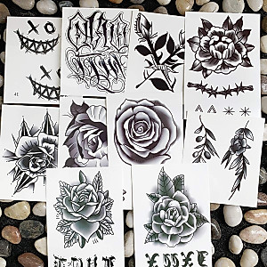 Oottati Waterproof 9 Sheets Back of Hand Fake Temporary Tattoo Stickers - Black Gothic Flower Rose
