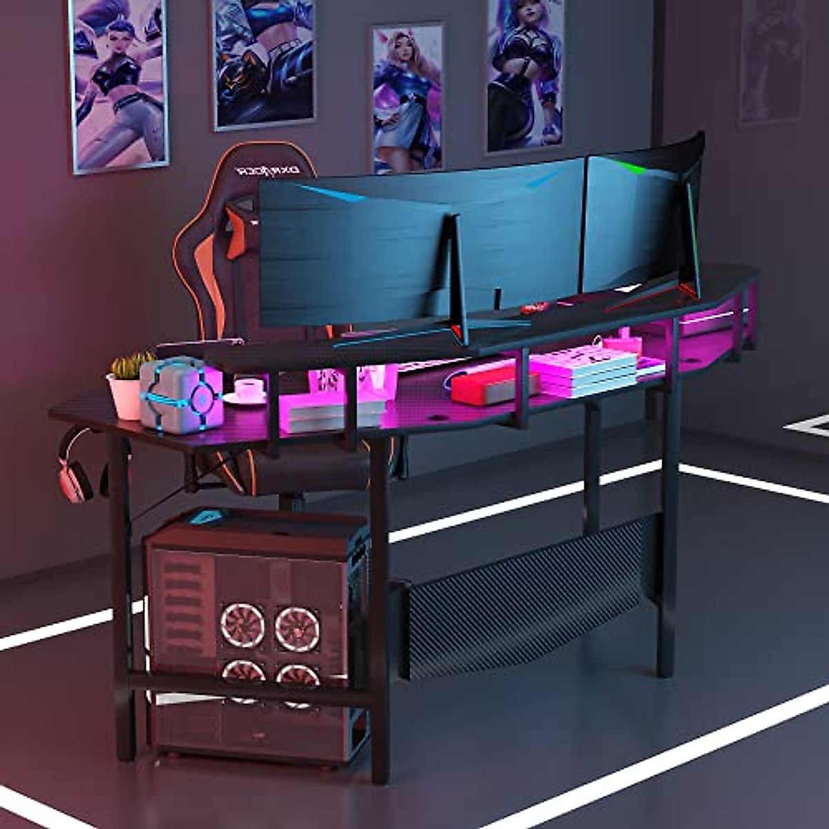 PAKASEPT Gaming Desk with Led Lights, 70.9” Large Wing-Shaped Desk ...
