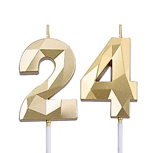 2 inch Gold 24 Birthday Candles, 3D Diamond Number 24th Cake Topper for Boys Girls Birthday Party Decorations Theme Party
