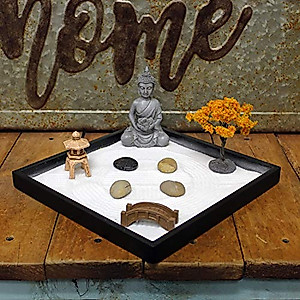 Nature's Mark Mini Zen Garden Kit for Desk with Rake, White Sand, Buddha, Bridge Black Square Base, River Rocks and Mini Blossom Tree (9Lx9W A)