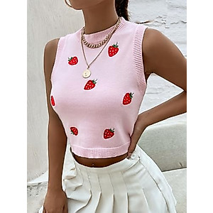 Floerns Women's Sleeveless Round Neck Cute Strawberry Sweater Vest Crop Shirt Top Pastel Pink M