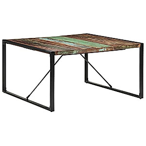 Tidyard Dining Table Rough Raclaimed Wood Tabletop Dinner Table Powder-Coated Steel Legs for Kitchen, Bistro, Restaurant, Home Furniture 55.1 x 55.1 x 29.5 in