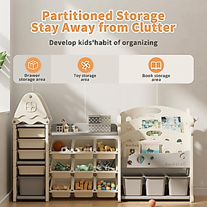 Pipleo Kids Toy Storage Organizer with 17 Removable Bins, 4-Tier Bookshelf for Kids, Multi-Purpose Castle-Shaped Toy Organizer for Playroom, Bedroom, Nursery, Living Room (Beige)