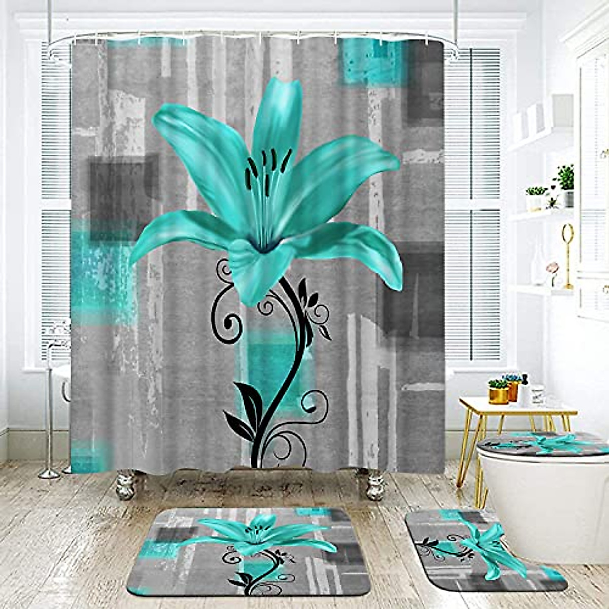DuoBaorom 4 Pieces Set Teal Lily Flower Shower Curtain Set Geometric Floral Green and Grey Art on Non-Slip Rugs Toilet Lid Cover Bath Mat and Bathroom Curtain with 12 Hooks 72x72inch