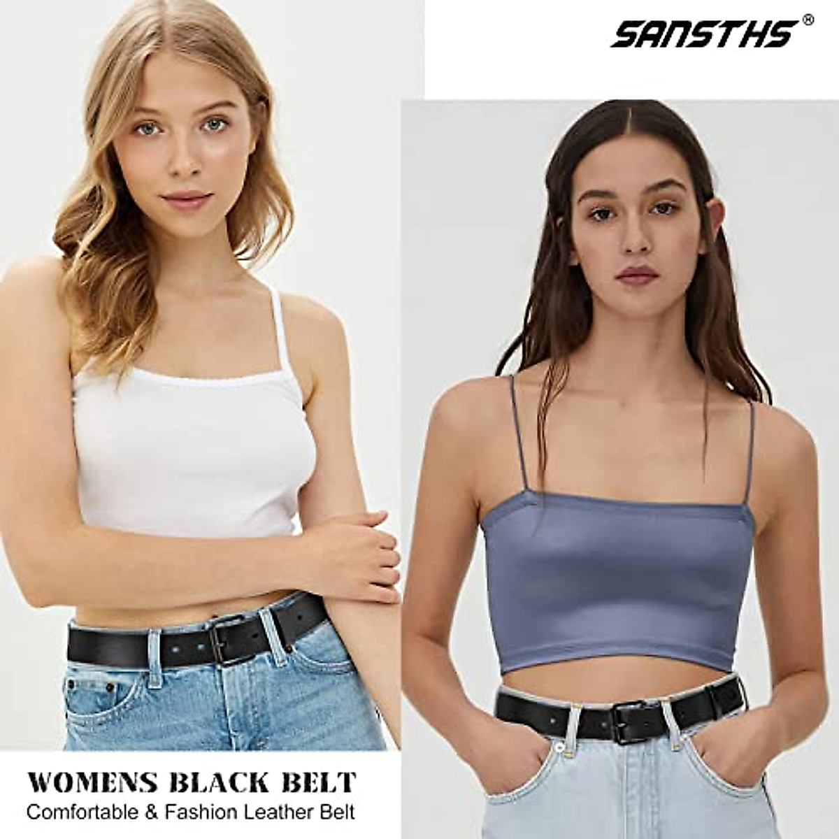 SANSTHS Women Black Casual Leather Belt with Gold Buckle Ladies Dress Belt for Jeans Pant 1.45" Width