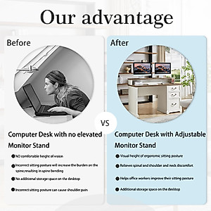 Vagaconl 55in Farmhouse Desk with Outlets, Mid Century Modern Desk with Charging Station File Cabinet, Storage Cabinet, Vintage Computer Writing Desk,Home Office,White and Brown