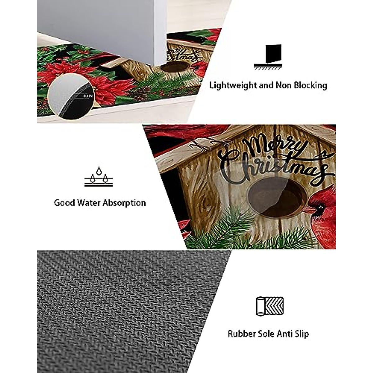 Christmas Bath Mat for Tub,Non Slip Bathroom Floor Runner Rug Quick Dry & Absorbent Diatomaceous Earth Shower Sink Kitchen Living Room Washable Doormat,Xmas Red Poinsettia Green Pine Tree 16"x24"