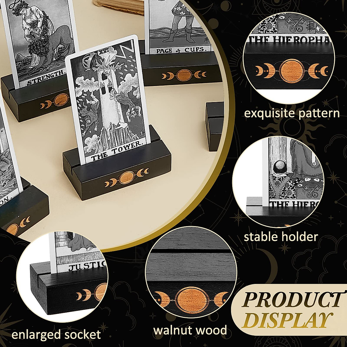 12 Pcs Wood Card Holders Moon Phase Card Display Wood Sign Holders Table Number Holder Stands Name Card Holder for Wedding Party Events Decoration