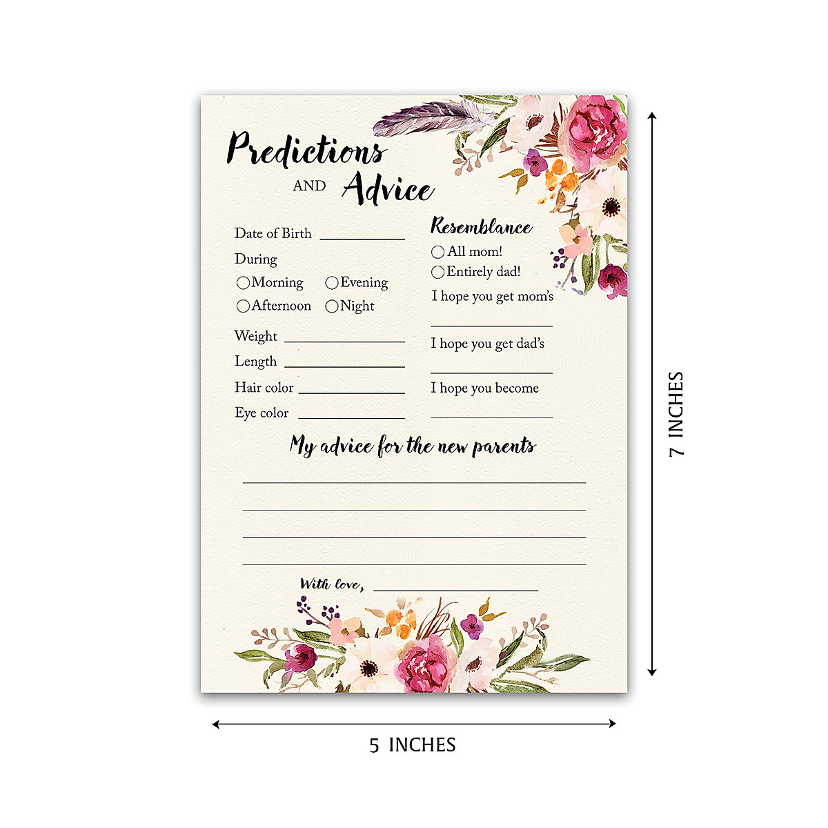 BOHO Prediction and Advice Cards - Pack of 25 - BOHEMIAN Pink GIRL Baby Shower Games, Floral Wishes for New Parents Mom & Dad to be Mommy & Daddy Message, Coed Shower Activity Keepsake Book G400-PDAV