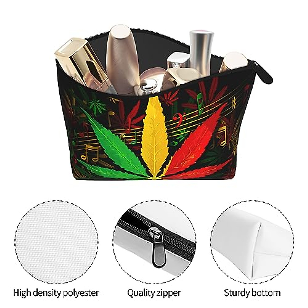 Women's Lightweight Makeup Bag Pouch Compatible with Rasta Flag Weedleaf Leaves Reggae Music, Funny Travel Cosmetic Bag Portable Pencil Bag with Zip for Office College Christmas Gift
