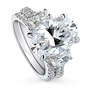 BERRICLE Sterling Silver 3-Stone Wedding Engagement Rings Oval Cut Cubic Zirconia CZ Ring Set for Women, Rhodium Plated Size 8