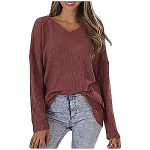 Deals of The Day Clearance Women's Tops Oversized v-Neck Long Sleeve Solid Color Shirts Waffle Knit Casual Loose 2023 Trendy Tees Shirt Wine M