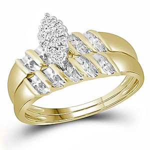 Sizes - L = 8, M = 8 - 10k Yellow Gold Diamond Cluster Mens And Ladies Couple His & Hers Trio 3 Three Ring Bridal Matching Engagement Wedding Ring Band Set (1/10 cttw.) - Please use drop down menu to select your desired ring sizes