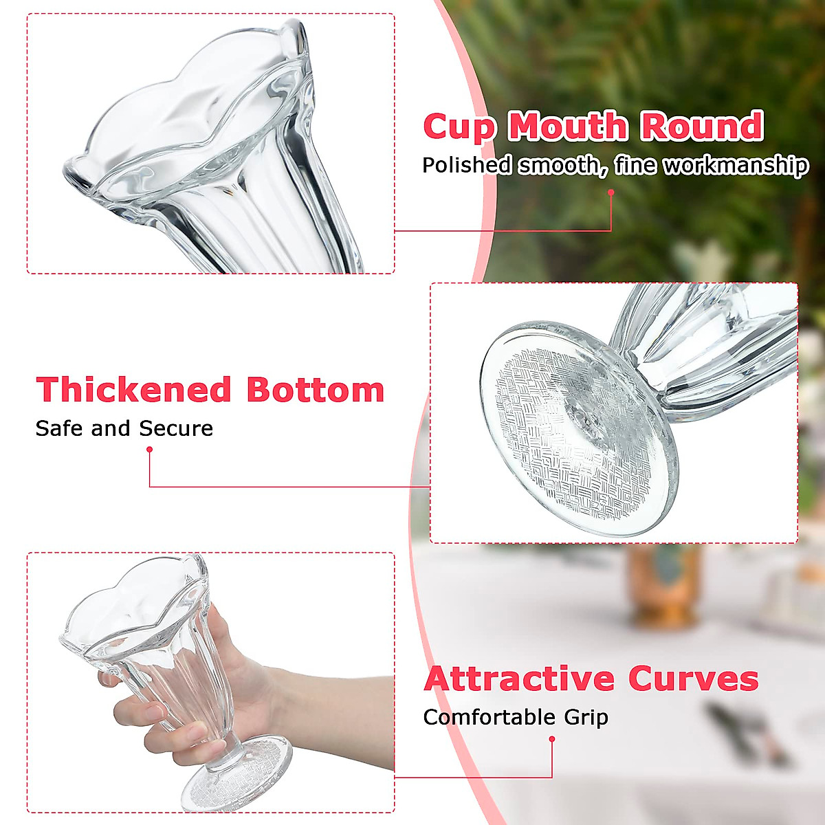 Mimorou 12 Pack 6 oz Ice Cream Glass Cups Footed Glass Tulip Sundae Cups Thick Clear Ice Cream Dessert Bowls for Desserts, Salads, Fruits, Ice Cream, Cocktails, Snack