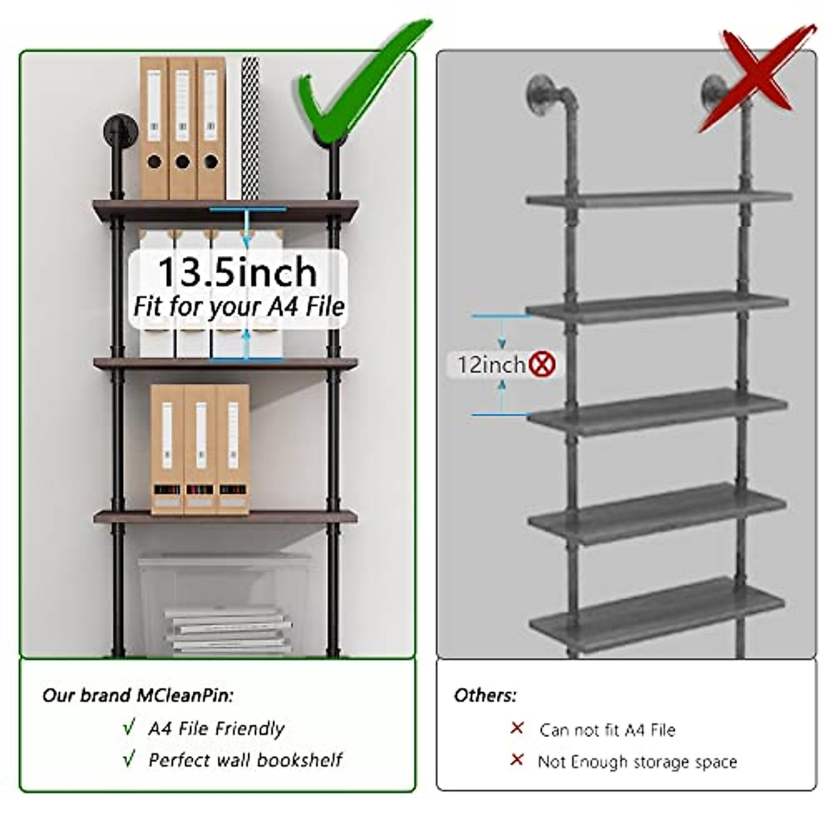 MCleanPin Industrial Shelves Ladder Bookshelves 73in Height 5 Tier Wall Mounted Bookcase, Display Storage Rack Plant Flower Stand Rustic Wood Shelves for Home Office, Bedroom, Kitchen,Living Room