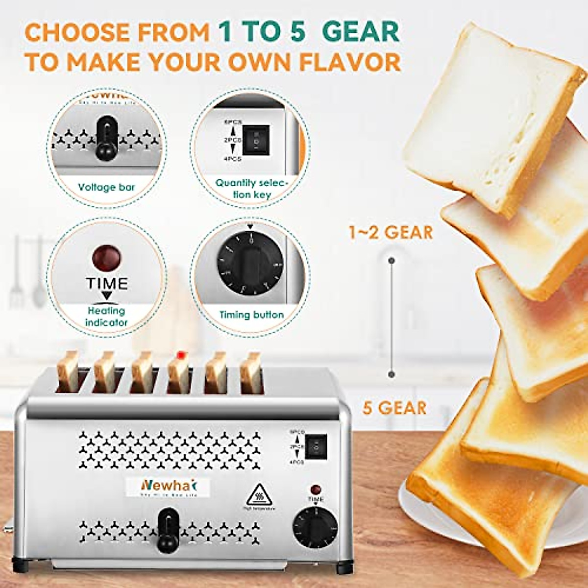 Newhai Commercial Toaster Bread Baking Machine 6 Slices 0.6 Inch Slot for Restaurant 110V
