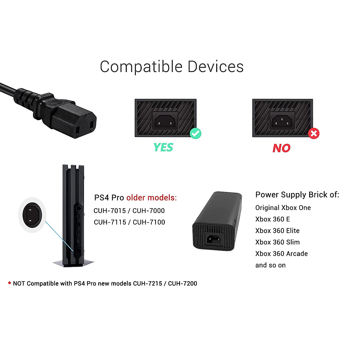 2 Prong AC Power Cord Compatible with Sony PS4 Pro, Xbox One/Xbox 360 Slim / 360 E Power Supply Brick, Power Cable Replacement