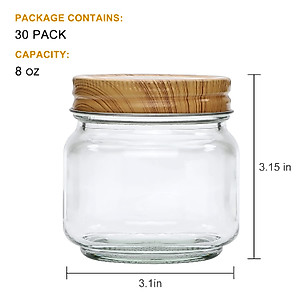 Accguan Mason Jars, glass jar 8OZ With Regular Lids(Wood Grain Iron Lid), Ideal for Jam, Honey, Wedding Favors, Shower Favors, 30 PACK