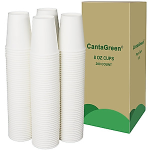 CantaGreen 200 Count 8 OZ Heavy-duty White Paper Coffee Cups, Disposable Hot and Cold Cup