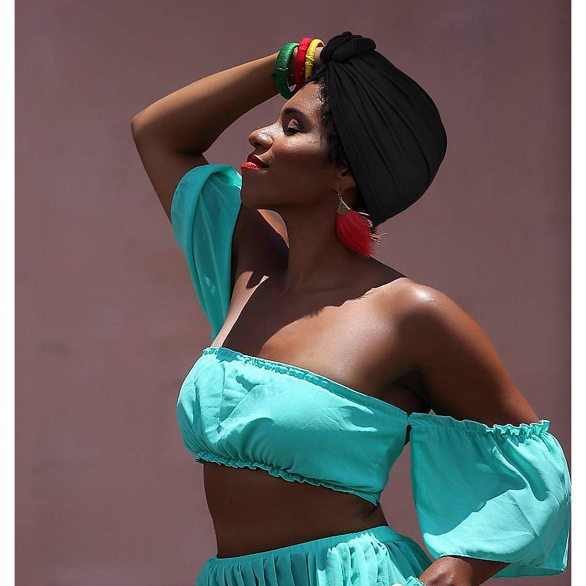 keland 3 Pieces African Pattern Women Turbans Hats Flower Knot Headwrap Pre-Tied Cap (Black&White&Camel)