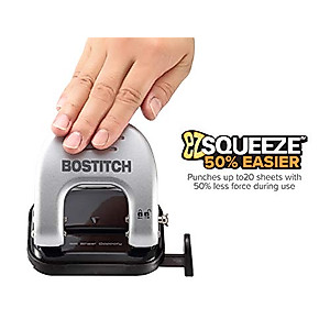 Bostitch Office EZ Squeeze Reduced Effort 2-Hole Punch, 20 Sheets, Locking Handle, Silver (2310)