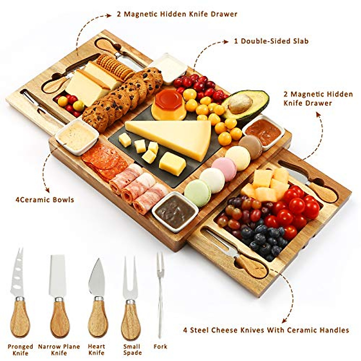 Cheese Board Set & Knife Set,Wood Charcuterie Boards,Cheese Tray with Cutlery in Double Slide-Out Drawer,Cheese Plates for Charcuterie,Wine,Crackers, Brie,Meat,Gift for Valentine,Wedding,Housewarming