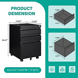 3 Drawer File Cabinet with Lock,Under Desk File Cabinet with Wheels,Black Rolling File Cabinet,Three Drawer Metal Filing Cabinet for Home Office,Fit A4/Letter/Legal File,Fully Assembled Except Casters
