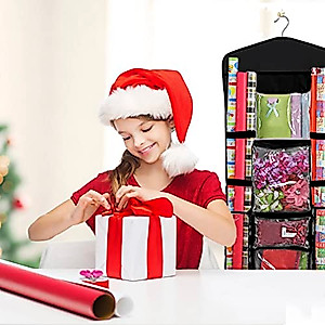 Hanging Gift Wrapping Paper Storage Organizer Bag, Double Sided Multiple Front & Back Pockets Organize Your Gift Wrap, Gift Bags Bows Ribbons 40"X17" Fits Long 40 Inch Rolls Clear PVC Bag (Full Black)