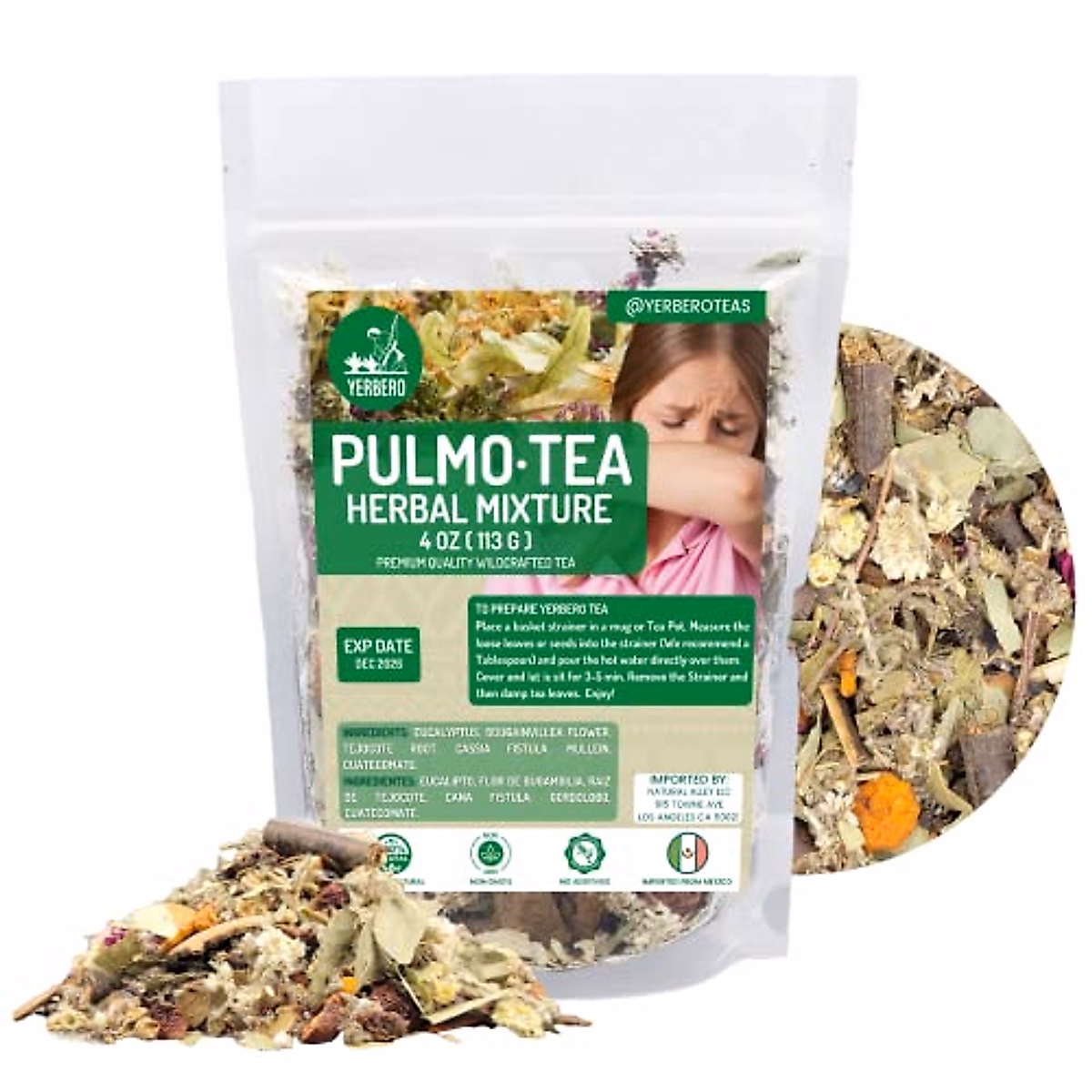 Yerbero - PulmoTea 4 oz (113g) | Herbal Mixture Tea - Soothes/Comforts Thoat | Eucalyptus, Tejocote Root, Mullein Leaf, Bouganvillia Flower, Cassia Fistula, Cuatecomate | 100% All Natural, non-GMO, Gluten-free.