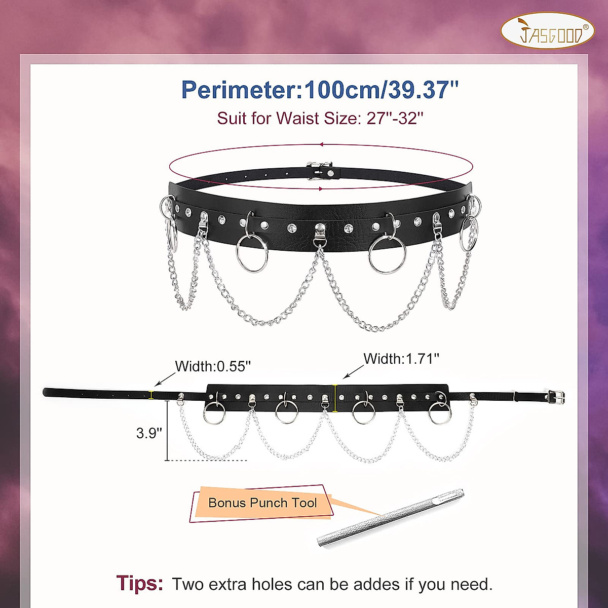 JASGOOD Punk Black Waist Chain Belt Women Leather Rave Body Goth Accessories Jewelry for Girls (Black,Suit for Waist Size 27"-33")