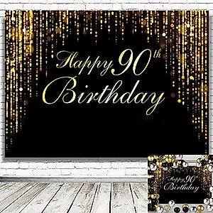Happy 90th Birthday Party Decorations Backdrop, Black Gold Glitter Bokeh Dots Birthday Party Photo Background Cake Table Banner Extra Large Wall Decor Props Party Decorations Supplies (73'' x 50'')