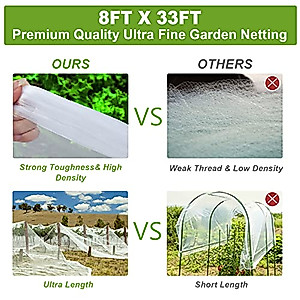 75 Pieces Garden Mesh Netting Kit, 8 x 33 Ft Plant Cover Ultra Mesh Netting & 8 Pcs Garden Hoops & 16 Pcs Clips for Vegetable Plants Fruits Flowers Crop Greenhouse Cover Birds Animals Protection Net