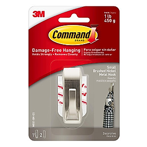 Command Small Modern Reflections Metal Hook, Brushed Nickel, 1-Hook, 2-Strips, Decorate Damage-Free