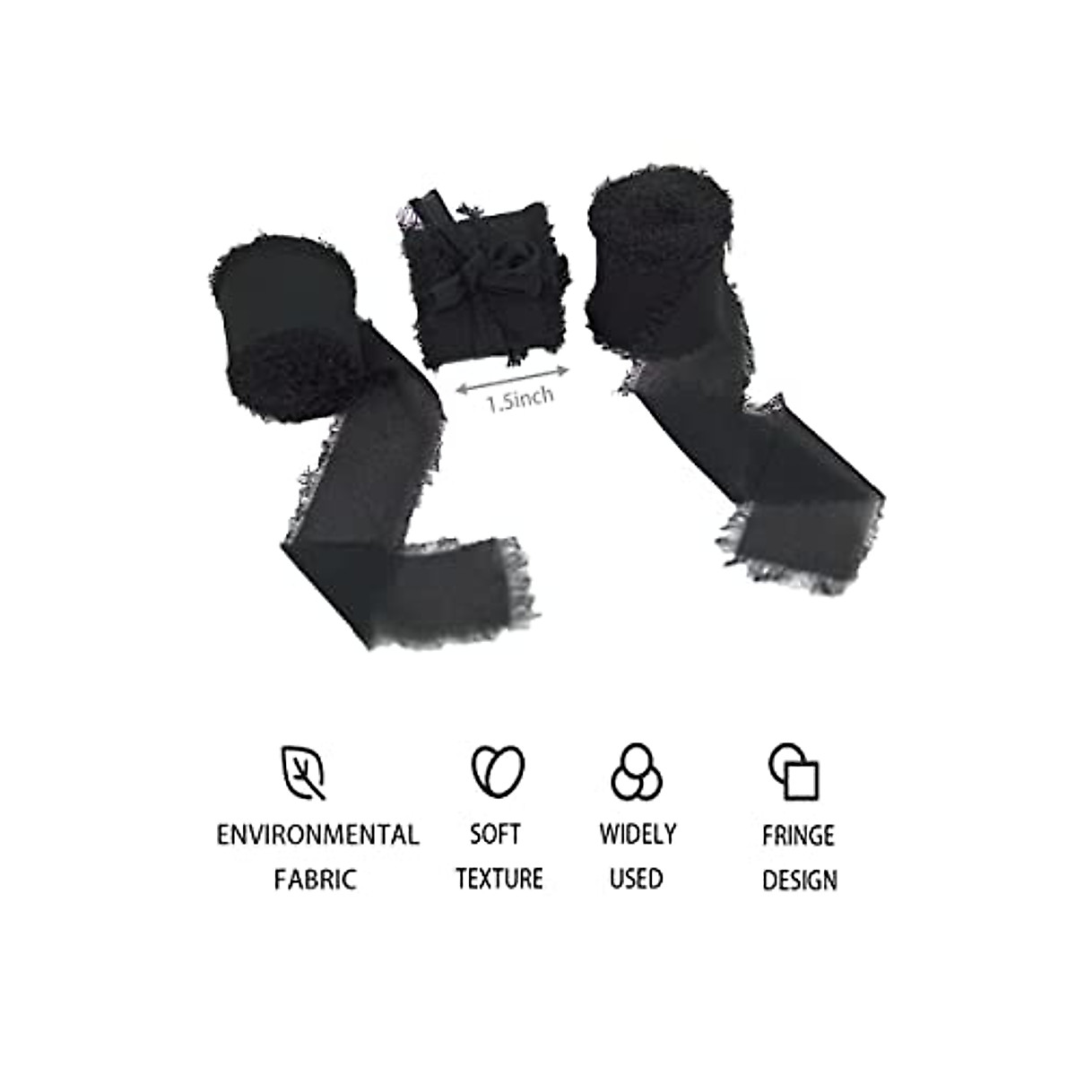 Kainonnan 3 Rolls Black Silk Ribbon Chiffon Ribbon Handmade Fringe Ribbon 1.5" x 7Yd Ribbon for Gift Wrapping Wedding Invitations Wedding Bouquets Decor (Black)